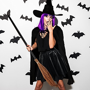 3 Pcs Kids Witch Halloween Cosplay Costume Includes Hooded Long Cloak Large Ruched Halloween Witch Hat Witch Broomstick(Retro)
