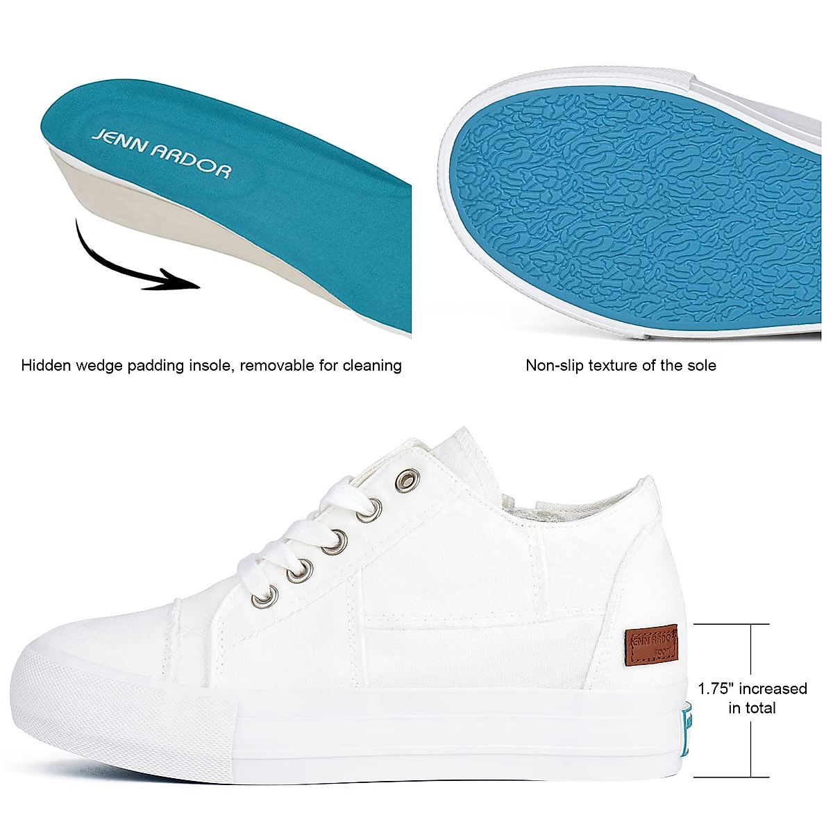 JENN ARDOR Wedge Sneakers for Women Canvas Casual Platform Shoes Fashion Hidden Wedges Lace Up Sneaker Non Slip Side Zipper