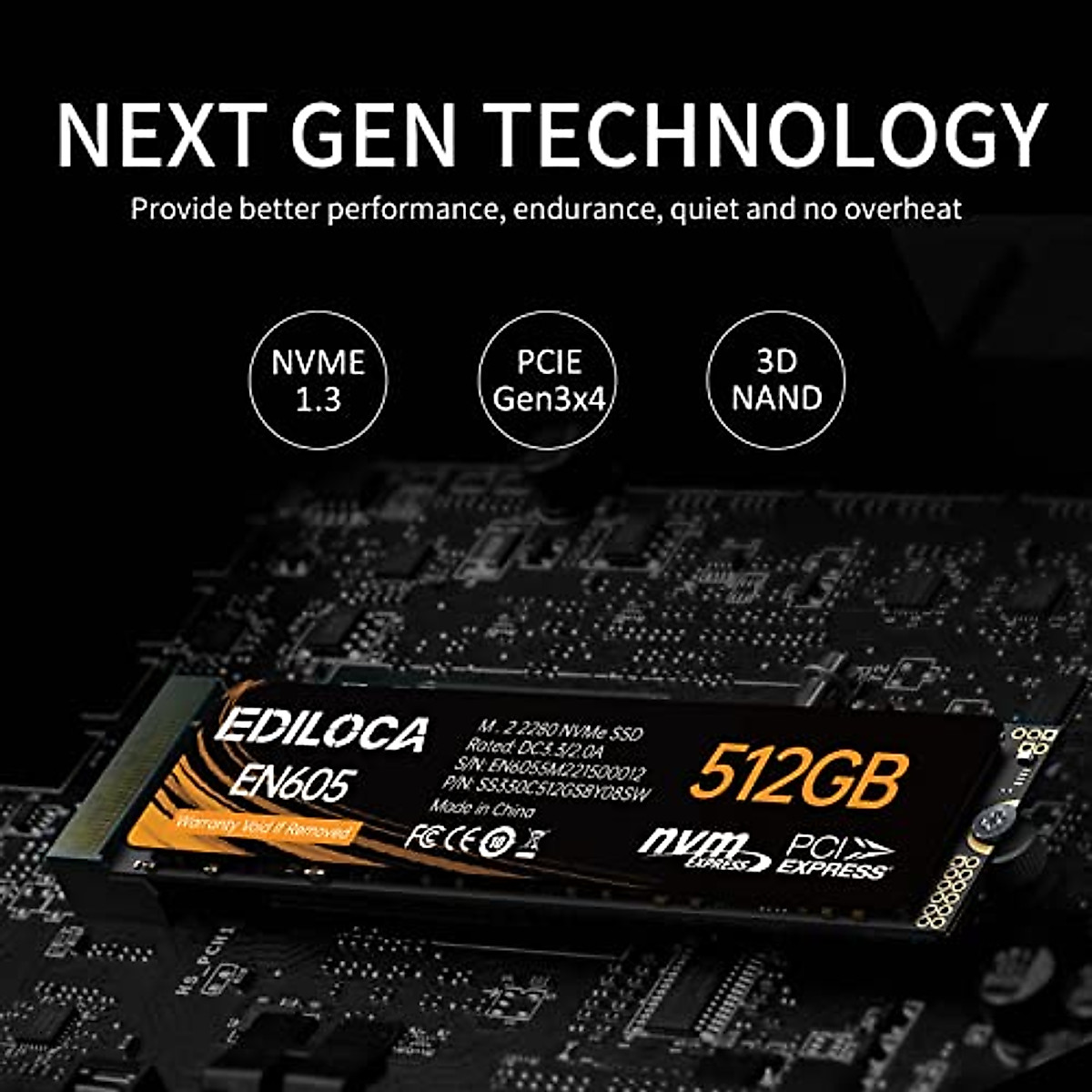 Ediloca EN605 512GB M.2 SSD, NVMe1.3 PCIe Gen3 x4 SSD Internal Hard Drive, M.2 2280 - Read/Write Speed up to 2150/1600 MB/s - Internal SSD Compatible with Laptop & PC Desktop