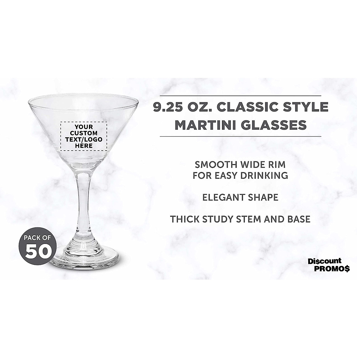 Custom Classic Martini Glasses 9.25 oz. Set of 50, Personalized Bulk Pack - Great for Cocktails, Wedding Favors, Party Favors, Events - Clear