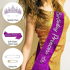 CHANACO Princess Crown Birthday Sash and Tiara Set - Rhinestone Headband, Purple Crown, and Girl's Birthday Decorations Gift