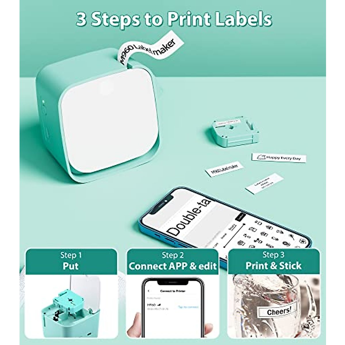 Vixic M960 Label Makers - Bluetooth Mini Label Maker Machine with Tape - Portable Handheld Label Printer,Easy to Use Smartphone Labeler for Home School Small Business Office Organizing, Rechargeable