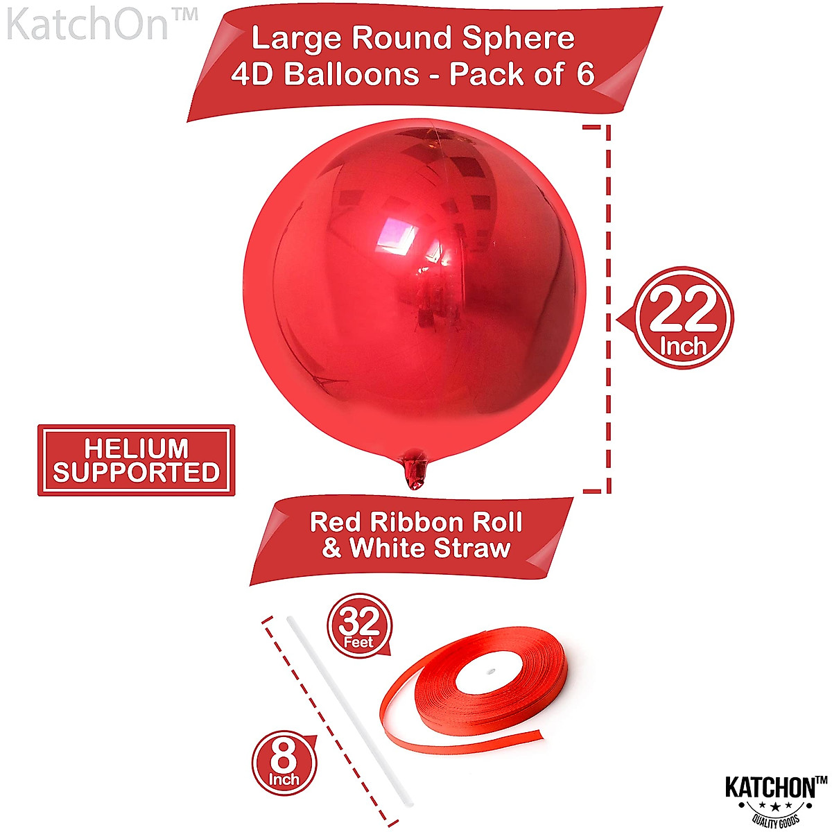 KatchOn, Big Red Metallic Balloons - Pack of 6 | Red Foil Balloons, One Birthday Balloon | Red One Balloon for Berry First Birthday Decorations and Red Birthday Decorations