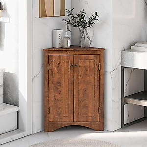 ANTSKU Corner Cabinet with Doors, Corner Bathroom Storage Cabinet with 2 Adjustable Shelves, Bathroom Floor Corner Cabinet for Kitchen, Bathroom, Living Room (Brown)