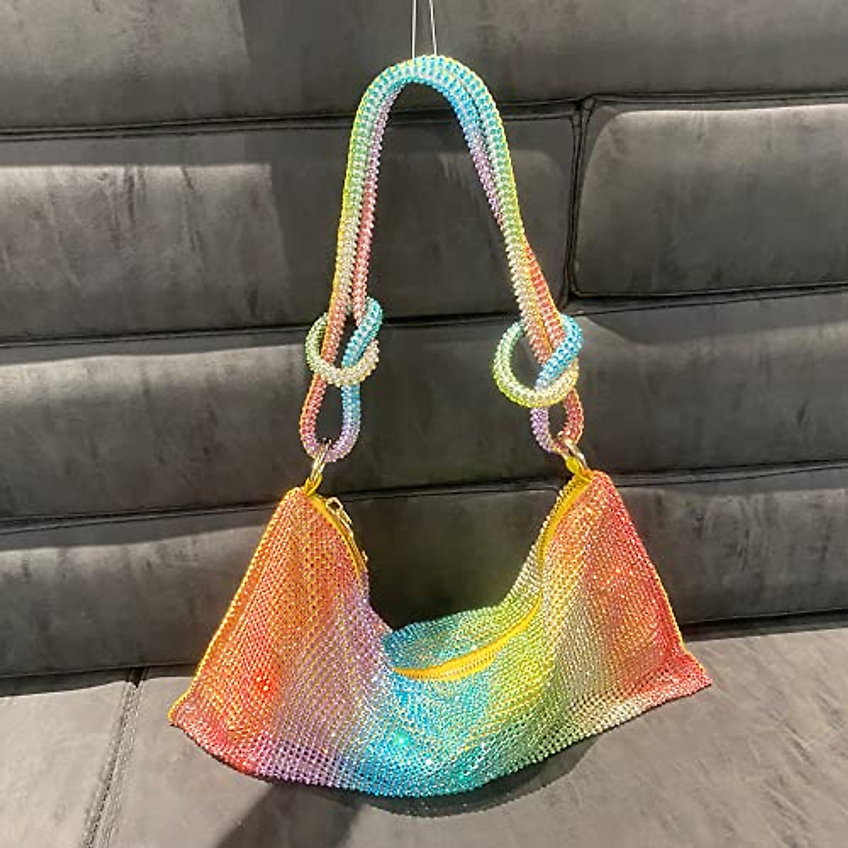 Bisadon Rhinestone Purses for Women Chic Sparkly Evening bag Bling Hobo Handbag Shiny Silver Purse for Party Club Wedding Rainbow