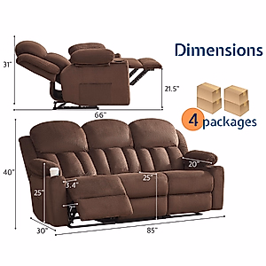Jocisland Recliner Couch, 3 Seater Recliner with Cup Holders, Plush Fabric Reclining Couch with Dual Wingback, Comfy Recliner Sofas for Living Room(Brown)