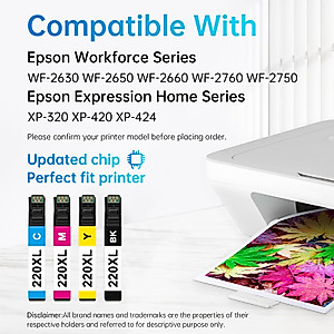 LEMERO Remanufactured Ink Cartridge Replacement for Epson 220 220XL for Workforce WF-2750 WF-2760 WF-2630 WF-2650 XP-420 XP-320 WF-2660 XP-424 Printer (Black Cyan Magenta Yellow, 4 Pack)