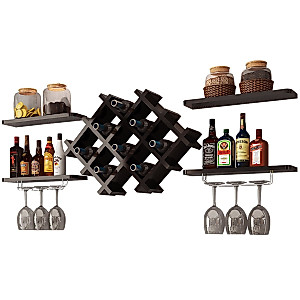 Giantex Set of 5 Wall Mount Wine Rack Set w/ Storage Shelves and Glass Holder (Black)