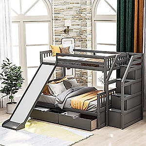 Harper & Bright Designs Twin Over Full Bunk Bed with Stairs and Slide , Multifunction Wood Bunk Bed with Storage, Gray