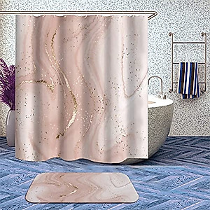 Zmcongz Abstract Marble Shower Curtain Set with Rugs for Bathroom Decor Liquid Pink Marble Luxury Gold Foil Waterproof Fabric Cloth Bath Curtain, Non-Slip Bathroom Rugs Bath Mats, 72x72 Inch
