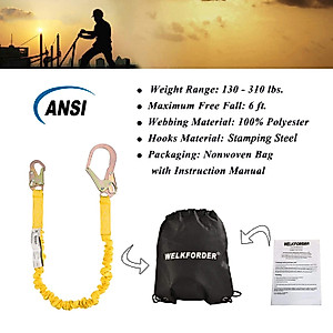 WELKFORDER Single Leg 6-Foot Fall Protection Internal Shock Absorbing Stretchable Safety Lanyard with Snap & Rebar Hook Connectors ANSI Compliant