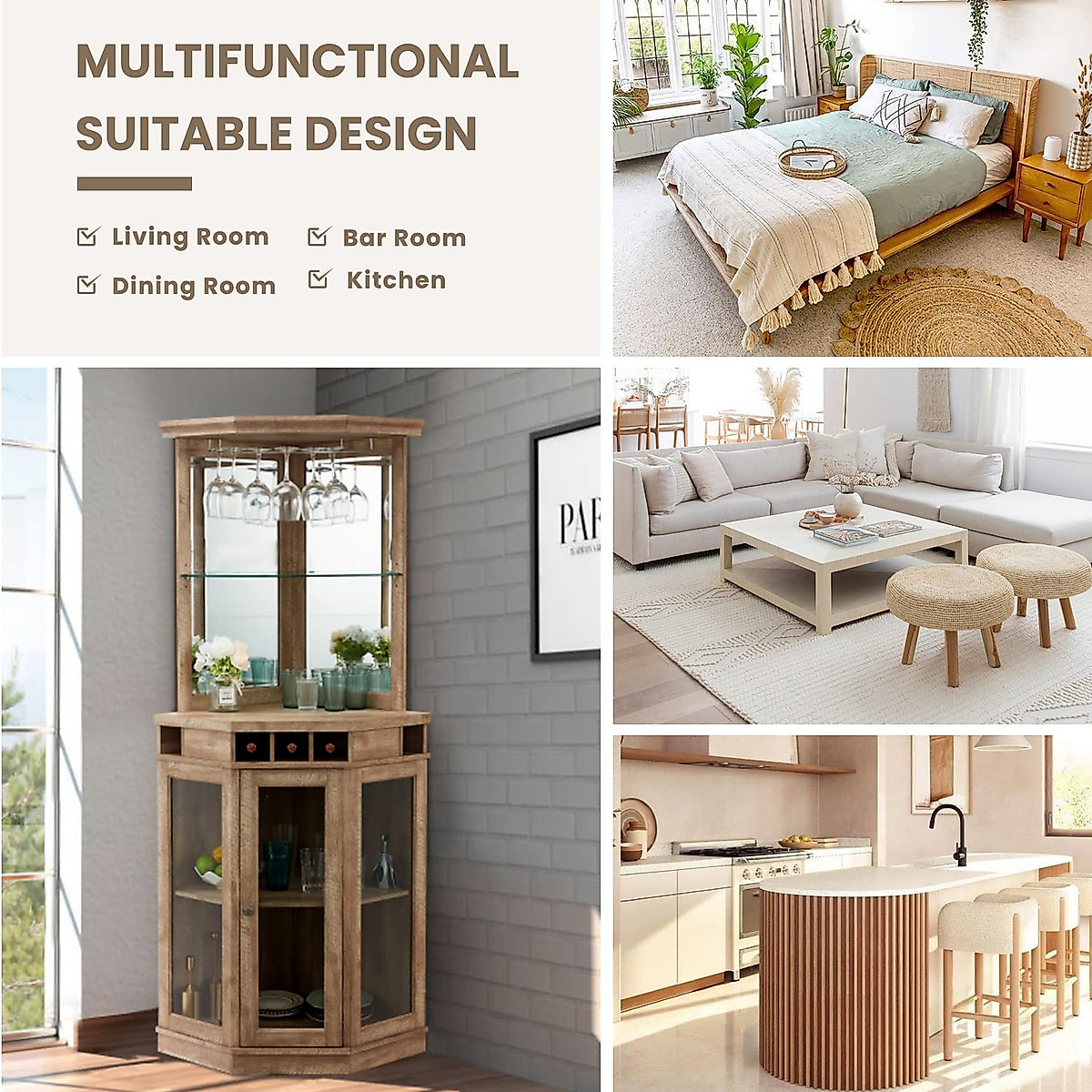 EROMMY Corner Bar, Home Liquor Storage Unit in High Density Board Finish with Built-in Wine Rack and Lower Cabinet, Hanging Stemware Rack, Burlywood