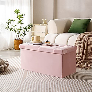 PRANDOM Extra Large Ottoman with Storage [1-Pack] Velvet Folding Small Square Foot Stool with Lid for Living Room Bedroom Coffee Table Dorm Toy Pink 30.5x15x15 inches