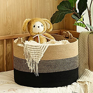 KAKAMAY Large Blanket Basket (20"x13"),Woven Rope Baskets for storage Baby Laundry Hamper, Cotton Rope Blanket Basket for Living Room , Laundry, Nursery, Pillows,Baby Toy chest (Jute/Black)