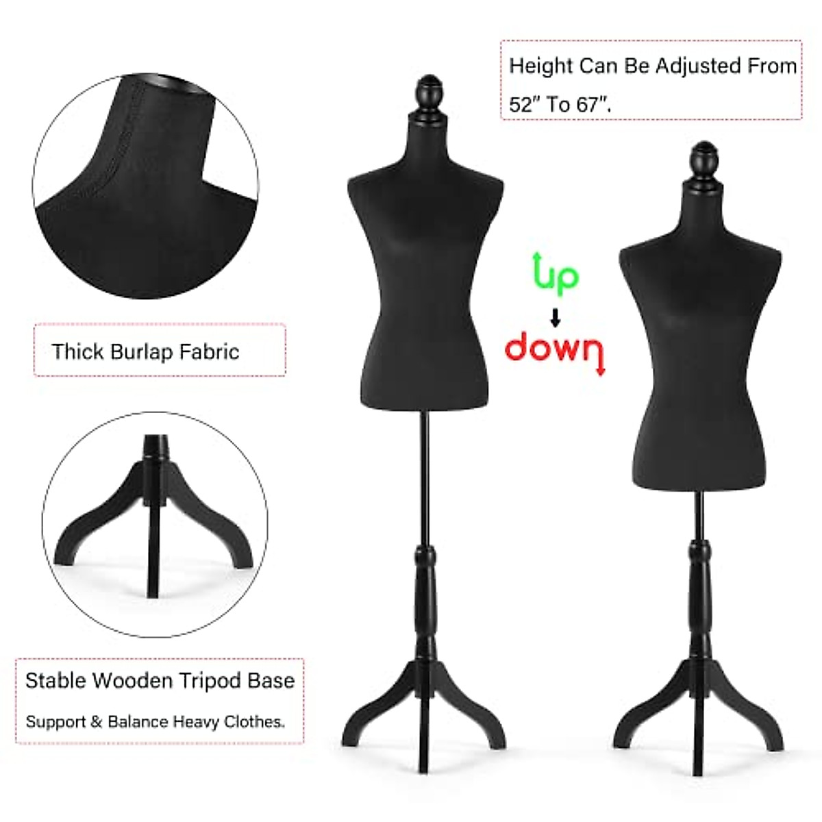 Dress Form Mannequin Torso, Female Sewing Bust Manikin Body, Pinnable Dressmaker Form with Stand for Display, Clothing Design, Black