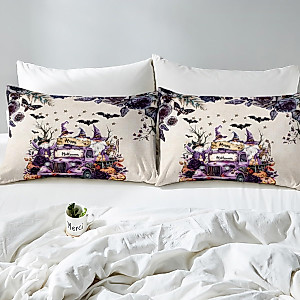 Manfei Happy Halloween Fitted Sheet Full Size, Cute Gnome Ghost Bed Cover with 2 Pillowcases, Gothic Moth Floral Bedding Set 3pcs for Kids Boy Girl Room Decor, Soft Polyester Bedding