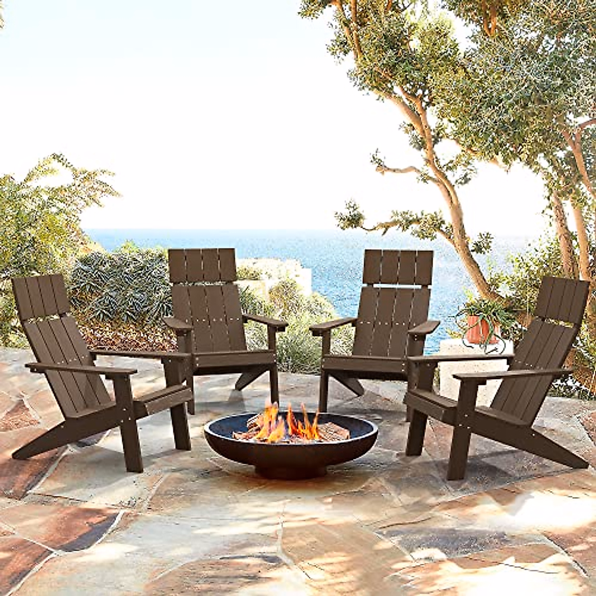 LUE BONA Modern Adirondack Chairs Set of 4, Dark Brown Plastic Adirondack Chair, High Back Poly Adirondack Fire Pit Chairs Weather Resistant, Patio Outdoor Chairs for Porch, Deck, Pool, Garden, 330LBS