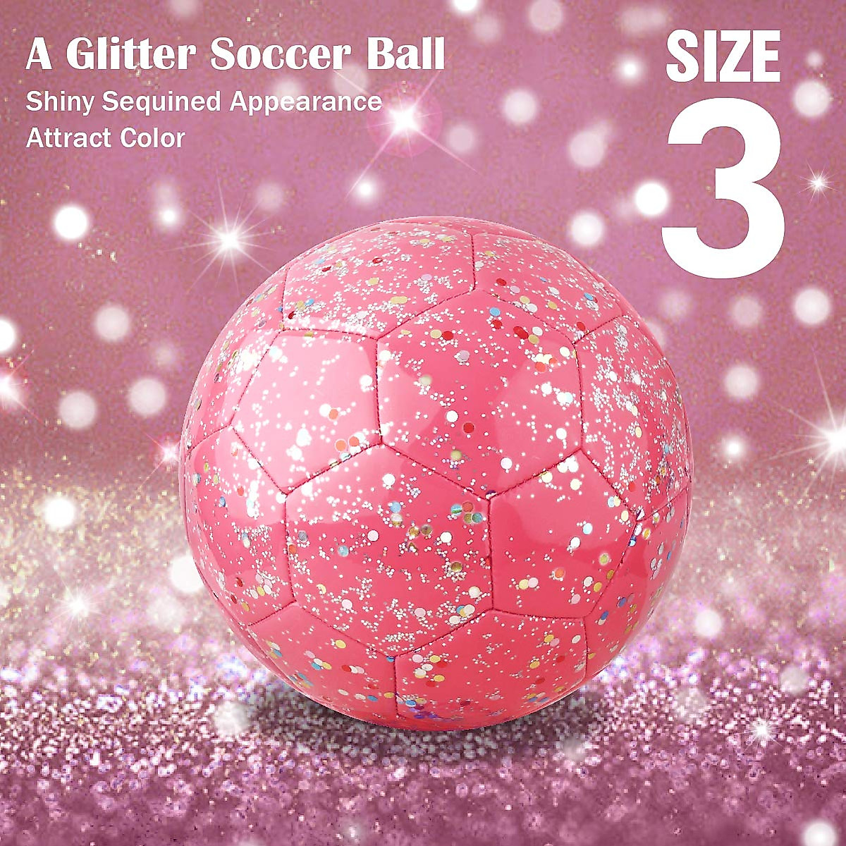 PP PICADOR Soccer Ball Kids Size 3, Glitter Shiny Sequins Toddler Soccer Balls with Pump for Girls Boys Ages 4-6-8 6-12 Child Baby Gift(Pink)