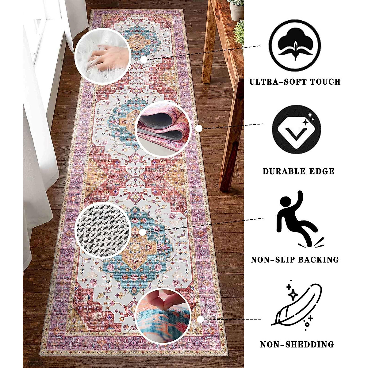 Poeti Washable Runner Rug 2x12, Non Slip Runners for Hallways, Ultra-Soft Carpet Runner Kitchen Runner Rug with Rubber Backing, Laundry Room Rug (Pink)