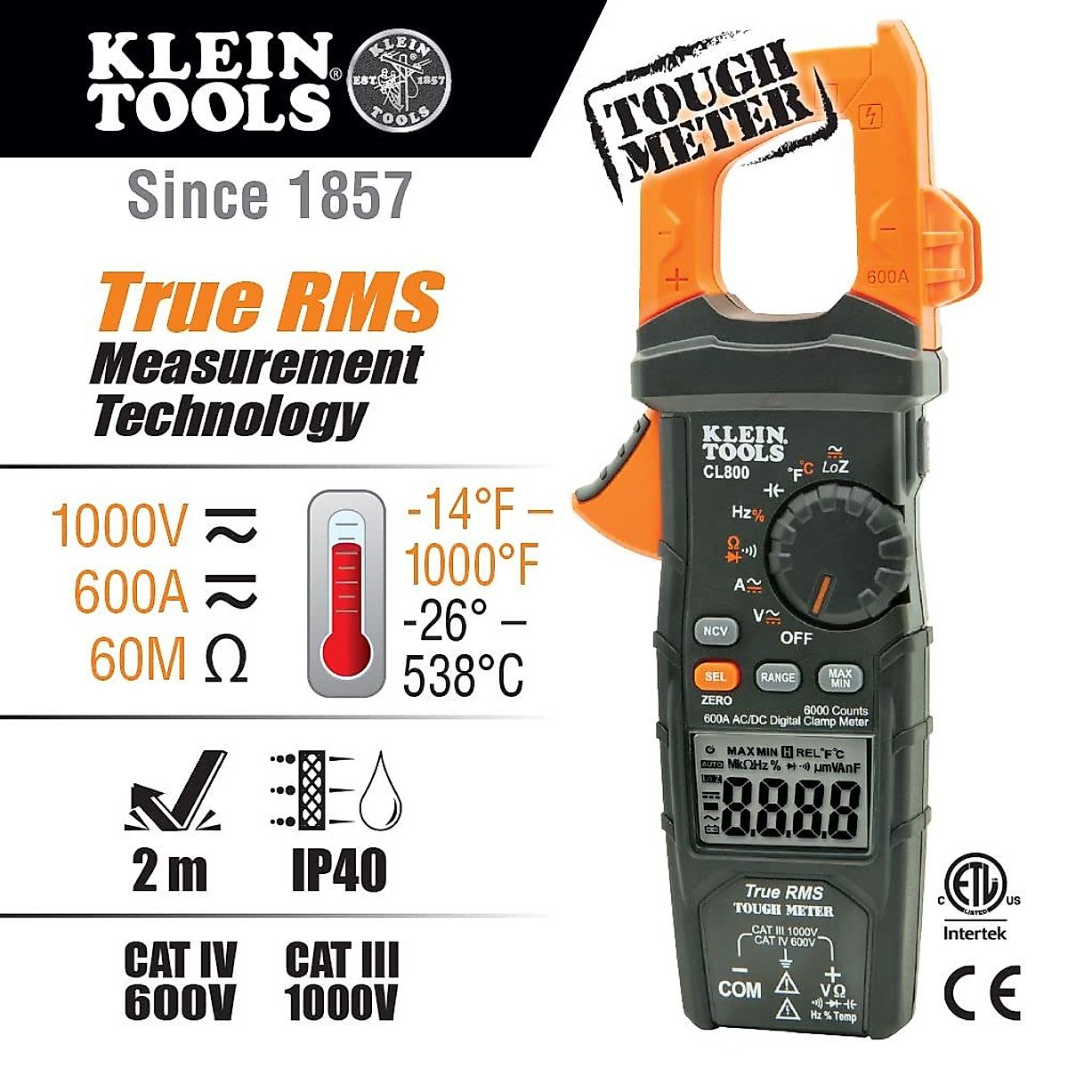 Klein Tools CL800 Digital Clamp Meter & RT250 GFCI Receptacle Tester with LCD Display, for Standard 3-Wire 120V Electrical Outlets