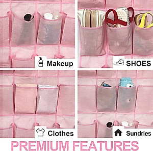 Pink Shoe Organizer Over the Door for Girls Women Kids Room,Hanging Shoe Rack Organizer for Closet Door,Zapateras Storage Holder with 24 Large Pockets & 4 Sturdy Hooks for Shoes,Slippers