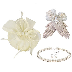 Gionforsy Pillbox Fascinator Veil Feather Derby Hat Lace Gloves Pearl Necklace