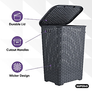 Laundry Hamper Basket With Lid 60 Liter - Deluxe Wicker Style Grey Color - 1.70 Bushel Bin With Cutout Handles To Storage Dirty Cloths in Washroom Bathroom, Or Bedroom. By Superio