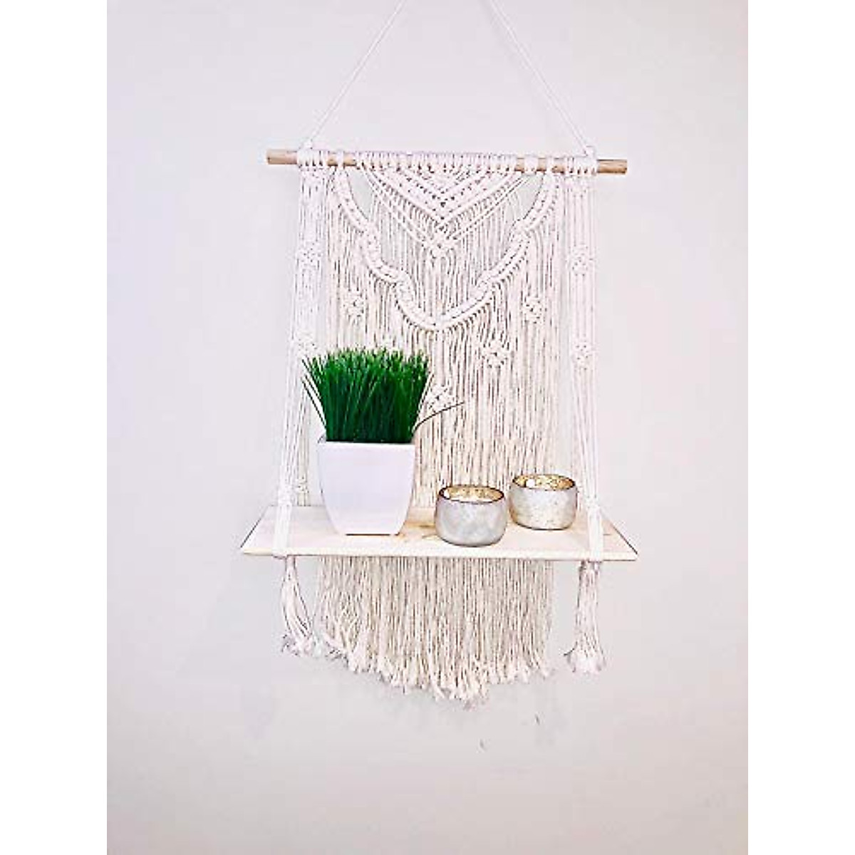 KALTEK Macrame Shelf with Flower Design | Boho Style with Floating Wood Shelf | Beautiful Handmade Macrame Shelf for Hanging Plants and Decor | Boho Wall Decor with Macrame Rope Shelving