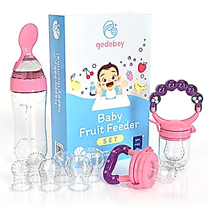 Gedebey Baby Fruit Feeder Pacifier - 3 Pack | 2 Silicone Baby Feeder Pacifiers & 1 Baby Feeding Spoon | Frozen Fruit Teether | Forage Feeder | Food Pacifier for Babies | Baby Food Spoon (Pink)