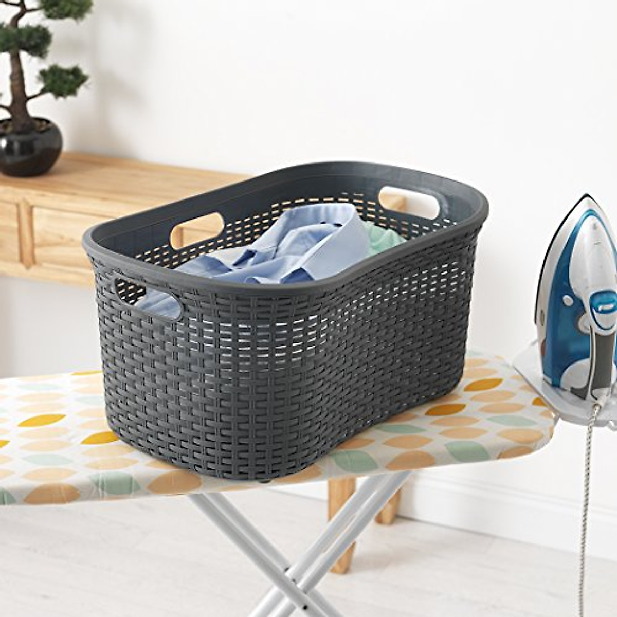 Addis 517994 Faux Rattan Hipster Laundry Basket, Charcoal, 40-Litre