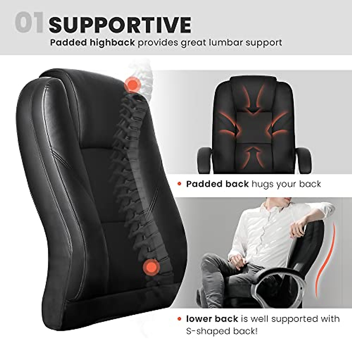 NEO CHAIR Office Chair Computer Desk Chair Gaming - Ergonomic High Back Cushion Lumbar Support with Wheels Comfortable Jet Black Leather Racing Seat Adjustable Swivel Rolling Home Executive
