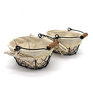 CVHOMEDECO. Primitives Country Chicken Wire Small Gift Baskets Gathering Baskets with Wooden Handle and Fabric Liner. Set of 2 (Oval)