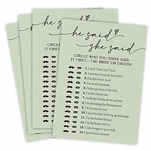 Tabyon 30 Pcs Bridal Shower Game Cards, He Said She Said, Minimalism Fill in Style Game Cards for Mr & Mrs, Engagement Party, Wedding, Newlyweds Party Supplies(Green) - B07