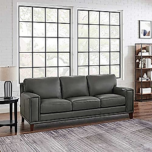Hydeline Hayward Top Grain Leather Wood Sofa Couch, 88.5", Gray/Steel