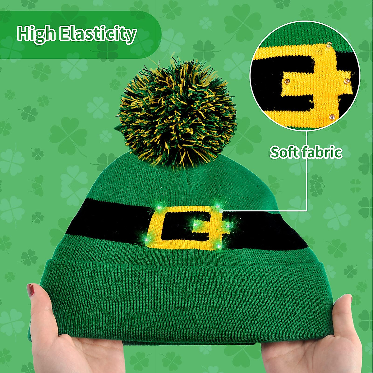 CAMDUCK 6 Pcs St Patrick's Day Beanie Hat, St Patricks Day Hat, Shamrock Beanie, Irish Hats for Men Women (6 Irish Beanie with LED)