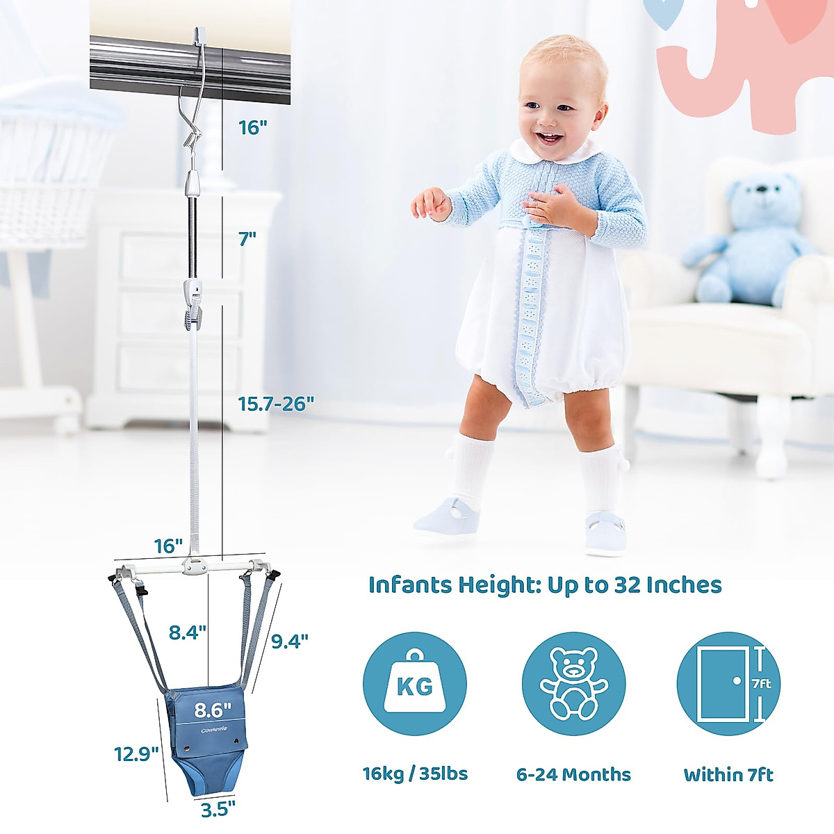 Cowiewie 2 in 1 Baby Door Jumper w/ Baby Walking Harness Function, Baby Jumper with Door Clamp Adjustable Strap and Seat, Fits 80" - 87" high Door Frame