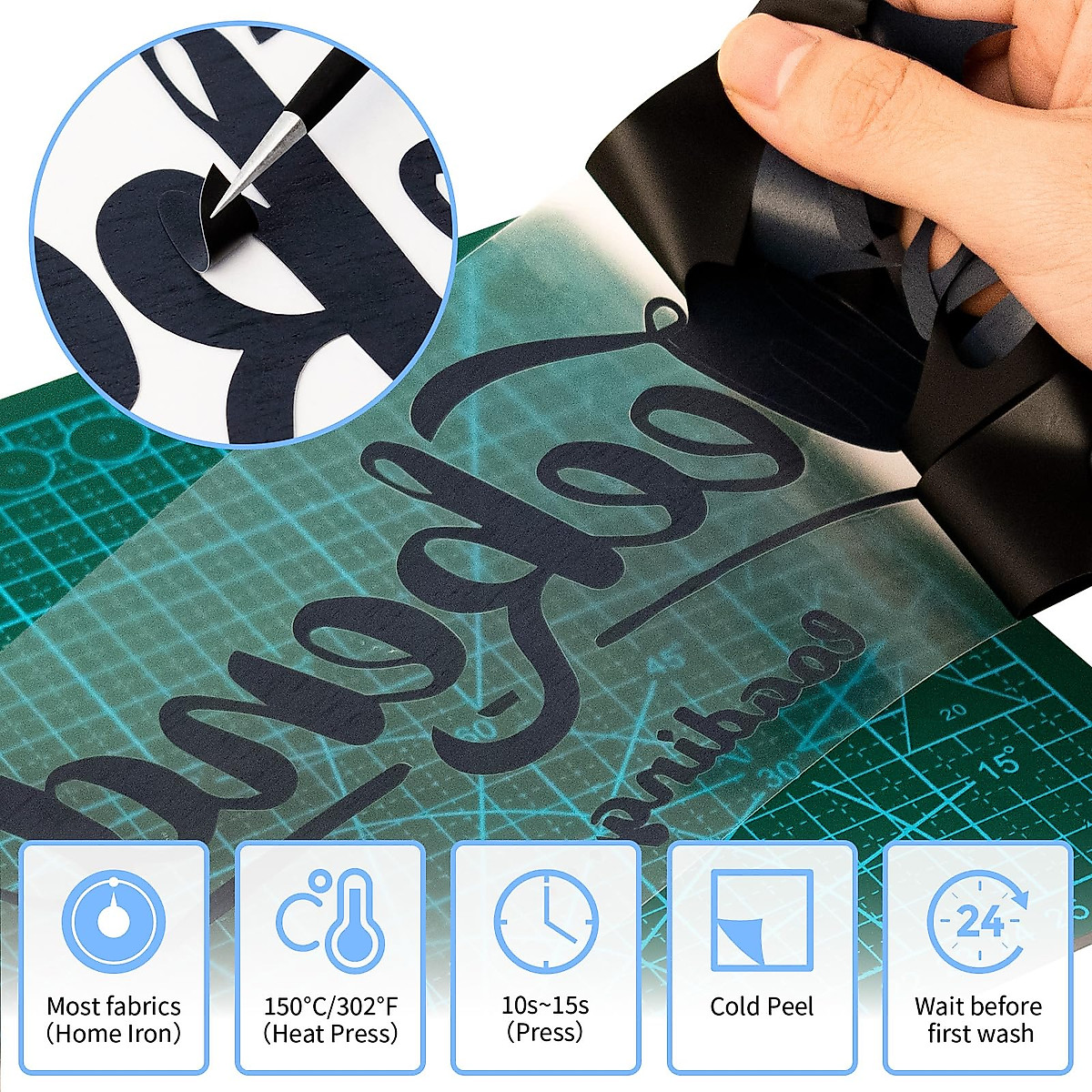 VinylRus Heat Transfer Vinyl-12” x 25ft Black & White Iron on Vinyl Roll for Shirts, HTV Vinyl for Silhouette Cameo, Cricut, Easy to Cut & Weed