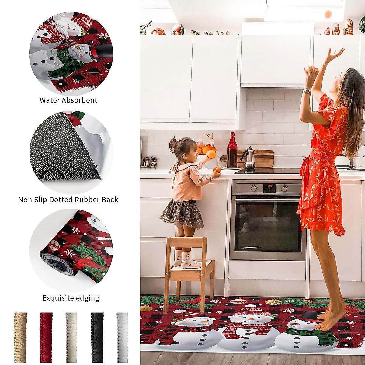 Christmas Kitchen Mats 2 Piece, Xmas Snowman Winter Holiday Doormats, Snowflake Kitchen Rugs Set Black Red Buffalo Plaid Christmas Decorations Floor Mat for Indoor Use,15.7" x 23.6"+15.7" x 47.2"