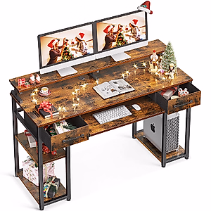 ODK Computer Desk, 48 inch Office Desk with Keyboard Tray, Writting Desk with Drawers and Monitor Stand, Study Table with CPU Stand and Removable Shelf for Storage, Rustic Brown