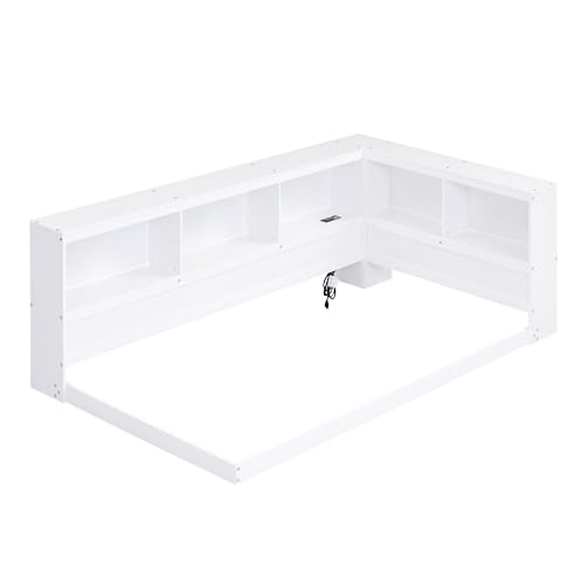 Modern Twin Size Daybed with Storage Cabinets and USB Ports, Wood Platform Bed Frame with L-Shaped Bookcases, Low Floor Bed Daybed for Kids Teens Boys Girls Bedroom (White 078)