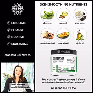 pureSCRUBS Premium Cucumber Body Scrub Set - Large 16oz Dead Sea Salt Body Scrub for Women Exfoliation KP Bump Eraser Body Scrub Includes Wooden Spoon, Loofah & Soap