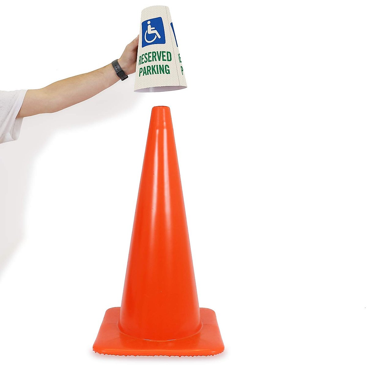 SmartSign “Reserved Parking with Handicapped Symbol” Bright Reflective Cone Message Sleeve, [Cone Not Included]