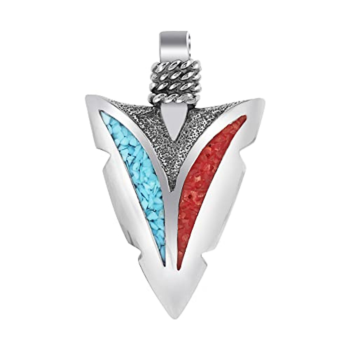Turquoise and Coral Gemstone Inlay Southwestern Style 925 Sterling Silver Arrowhead Pendant for Women