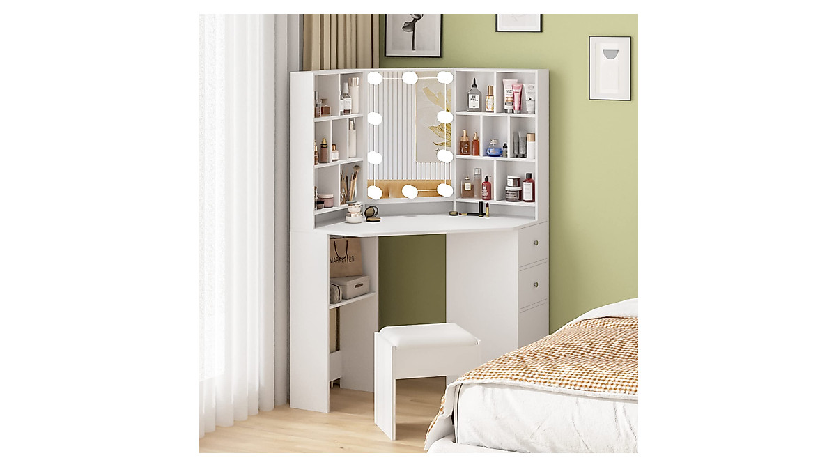 Fameill Corner Makeup Vanity Desk with Lighted Mirror