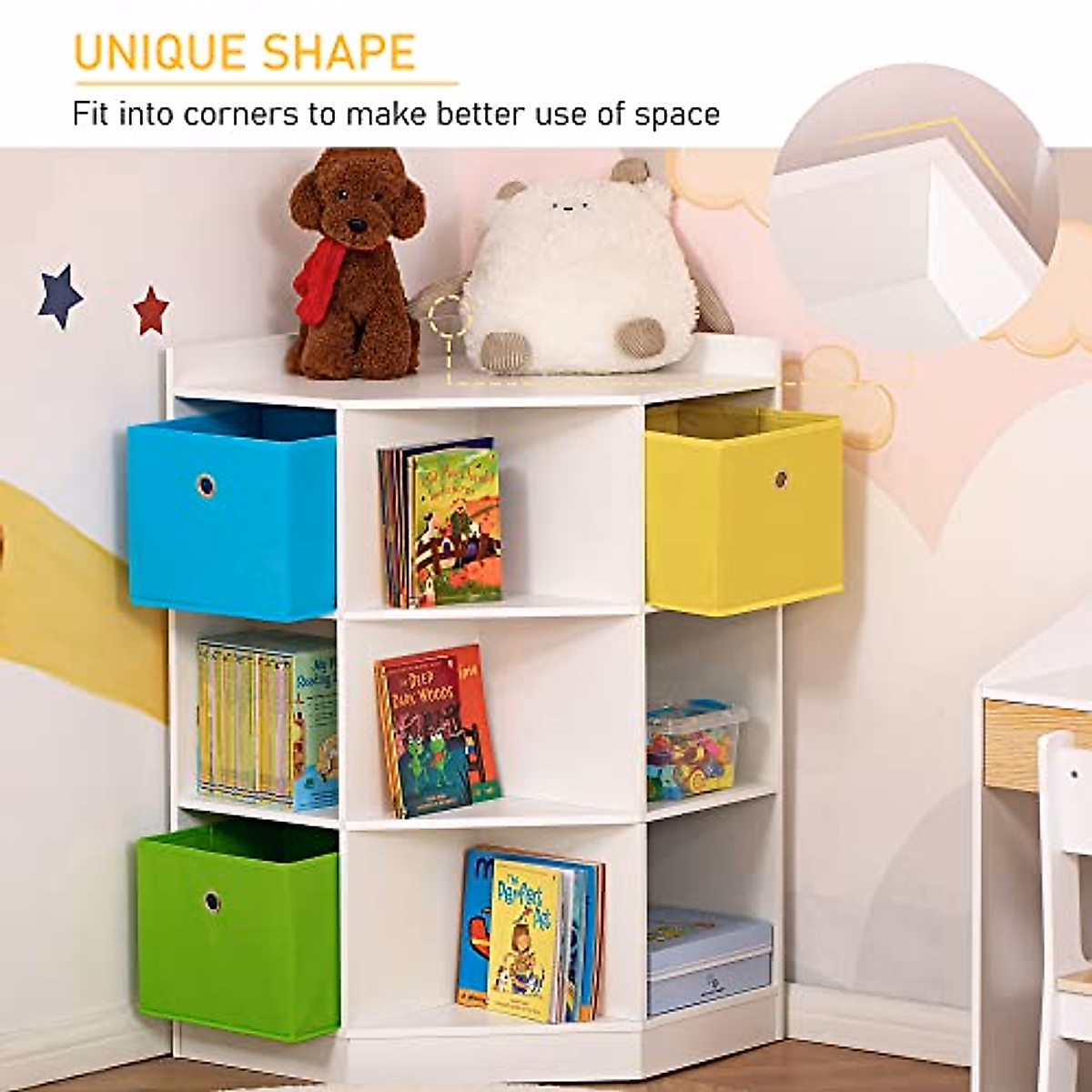 HOMCOM Kids Corner Cabinet, Cubby Toy Storage Organizer, Bookshelf Unit with Three Baskets for Playroom, Bedroom, Living Room, White