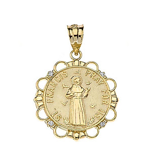 Fine 14k Yellow Gold Diamond Round St. Francis Of Assisi Medal Pendant