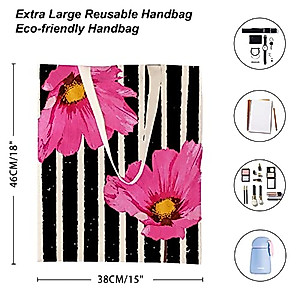Canvas Shoulder Bag 15x18 Inch,Flowers Stripe Tote Bag for Books,Birthday Inspirational Gifts for Kids Girls Women