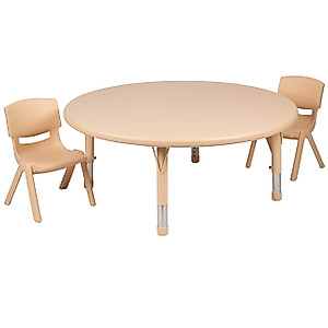 EMMA + OLIVER 45" Round Natural Plastic Height Adjustable Activity Table Set with 2 Chairs