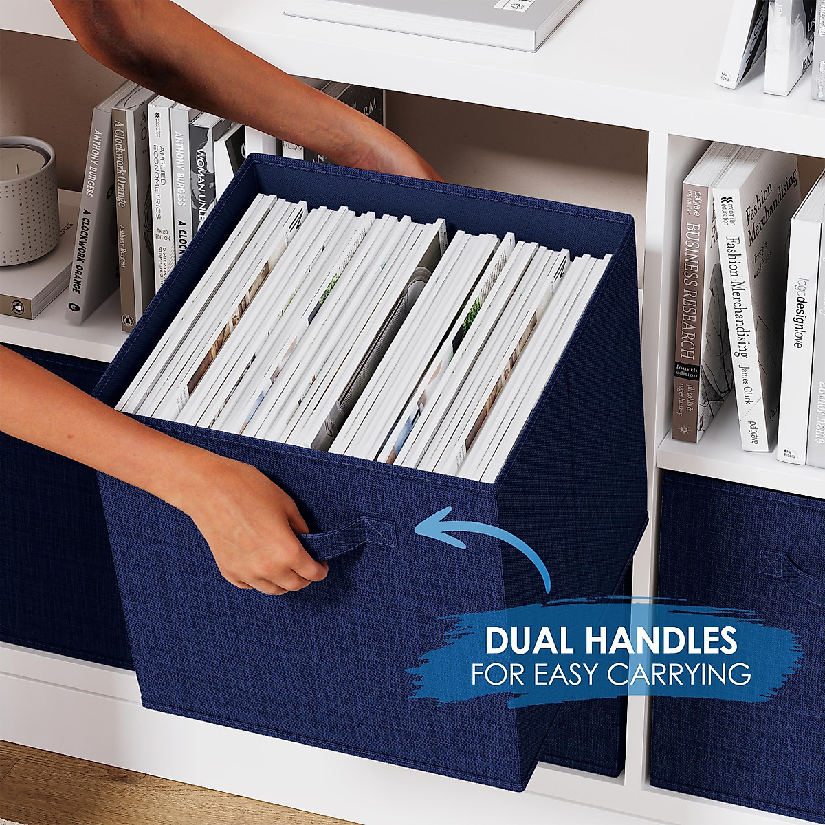 Neaterize 13x13 Inch Cube Storage Baskets, Textured Navy, Set of 6, Sturdy Fabric, Multi-Purpose, Collapsible Design, Eco-Friendly