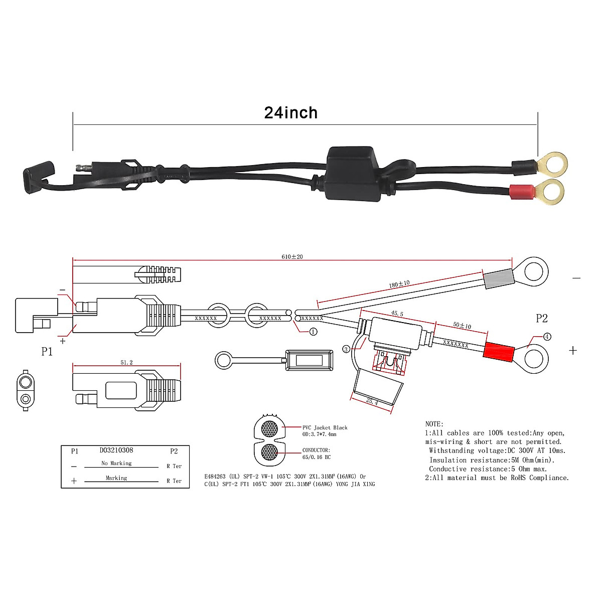 [ 5 Pack] SAE to O Ring Terminal Harness 2FT - SAE Eyelet Ring Terminal Cable 16awg Motorcycle Battery Trickle Charger Extension Cord with SAE Battery Terminal Quick Connect Disconnect Connector